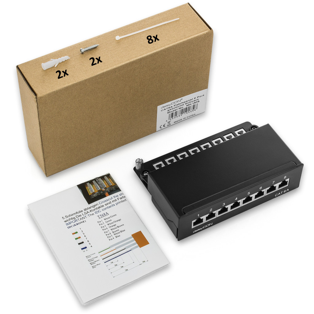 deleyCON CAT 6a Patchpanel Verteilerfeld 8 Port - Desktop & Wandmontage ...