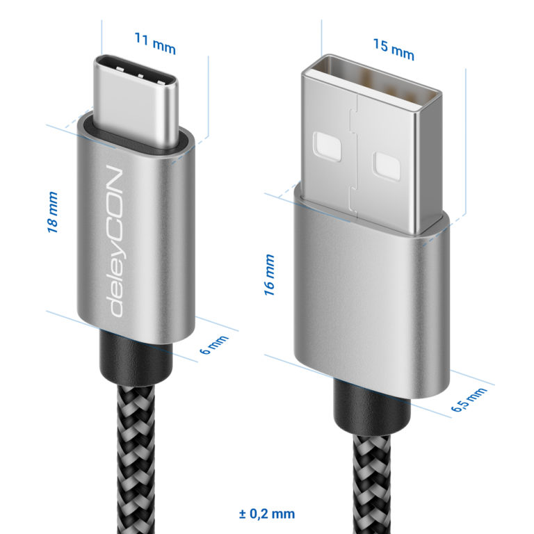 deleyCON Nylon USB-C Kabel Ladekabel Datenkabel USB Typ C Metallstecker ...