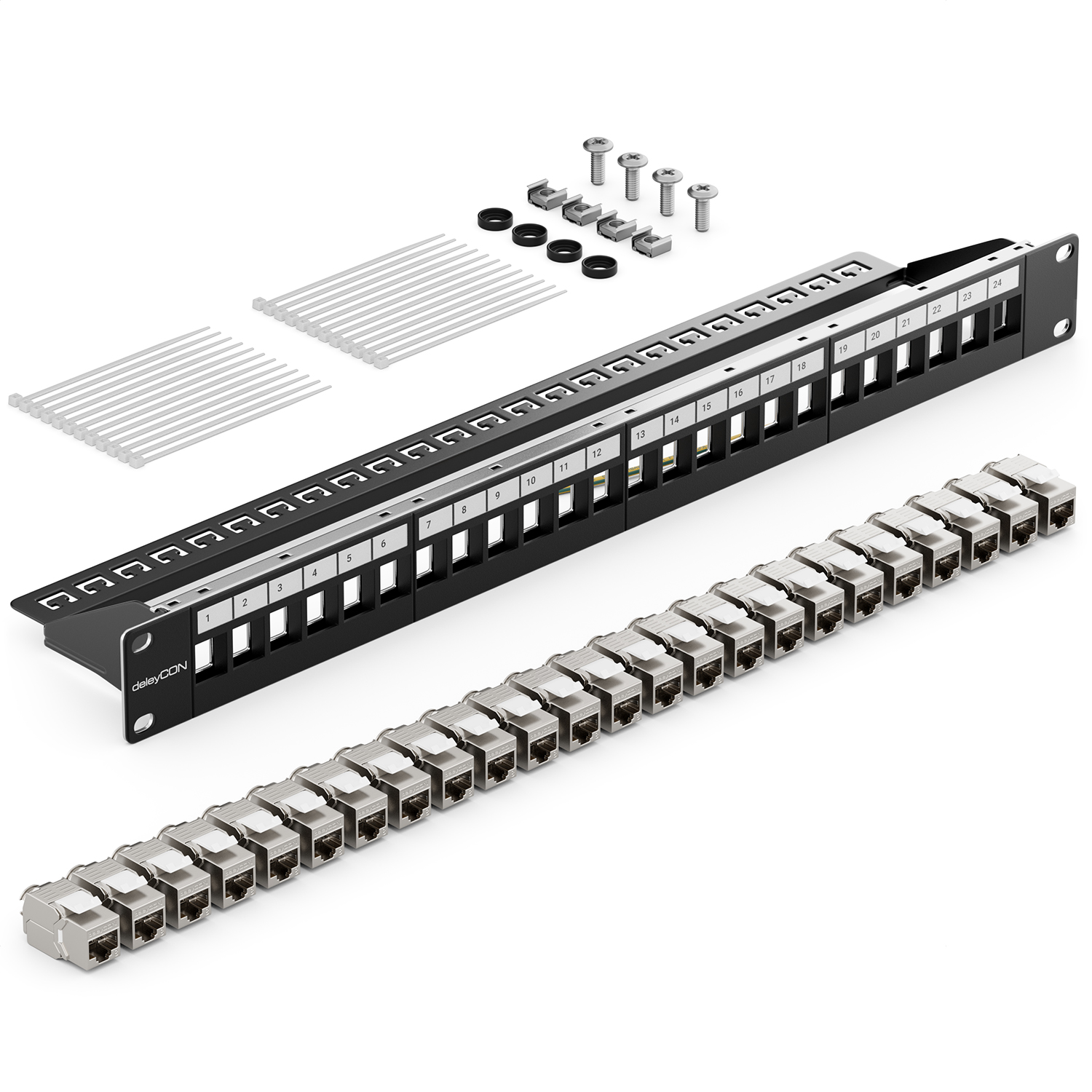 deleyCON 24 Port CAT 8 Patchpanel Set Verteilerfeld Patchfeld 19" Zoll ...